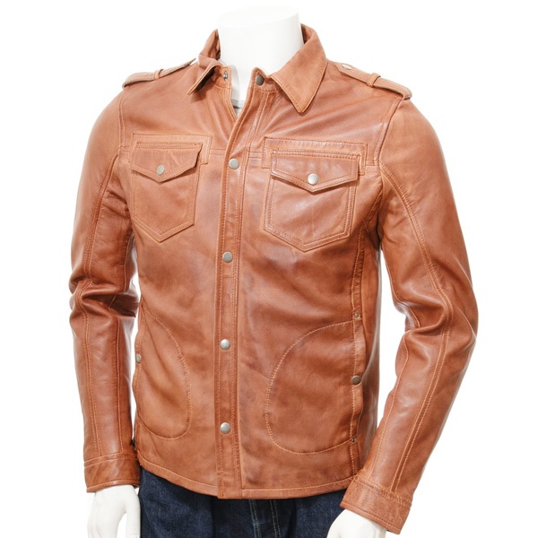 Men’s Tan Leather Jacket with Flap Pockets - Hussar Jackets