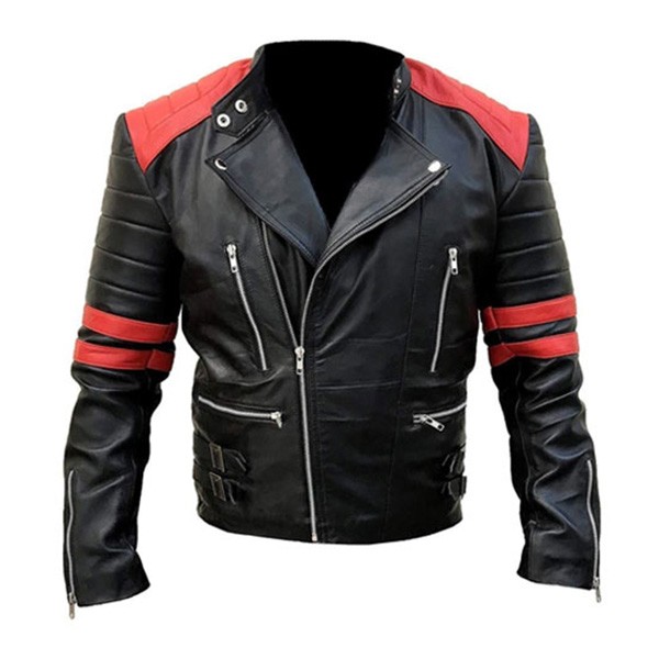 Buy Men's Red Striped Black Leather Motorcycle Jacket - Hussar Jackets