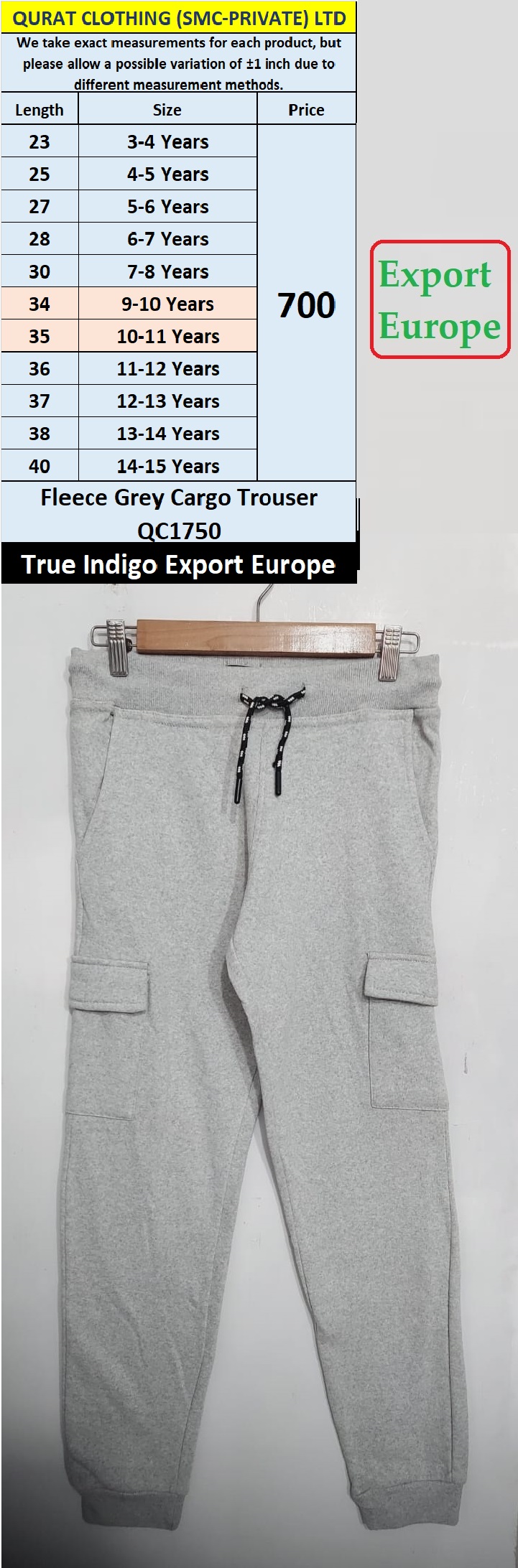 Buy True Indigo Brand Cargo Fleece Trouser QC1750 Export Europe | Qurat ...