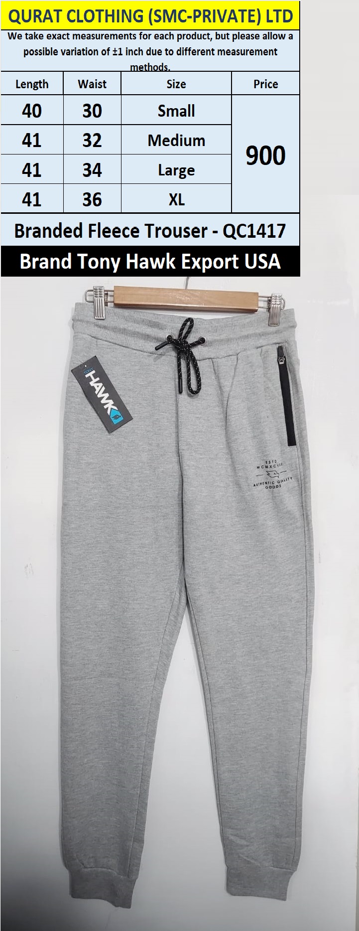 Buy Tony Hawk Brand Light Grey Fleece Trouser QC1471 Export USA | QC ...