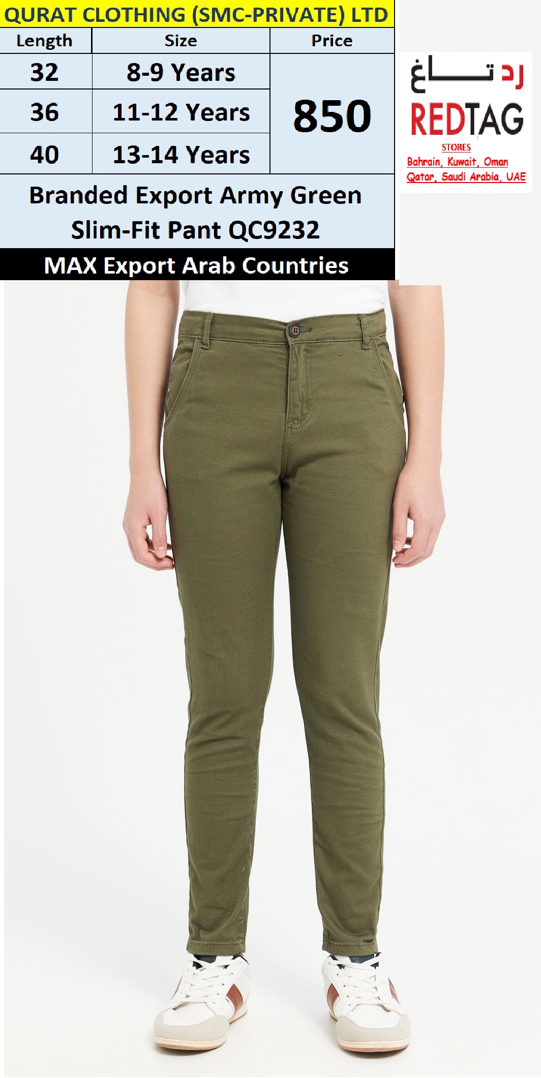 Buy RED TAG Fashion Branded Army Green Slim-Fit Pant QC9232 Export Arab ...