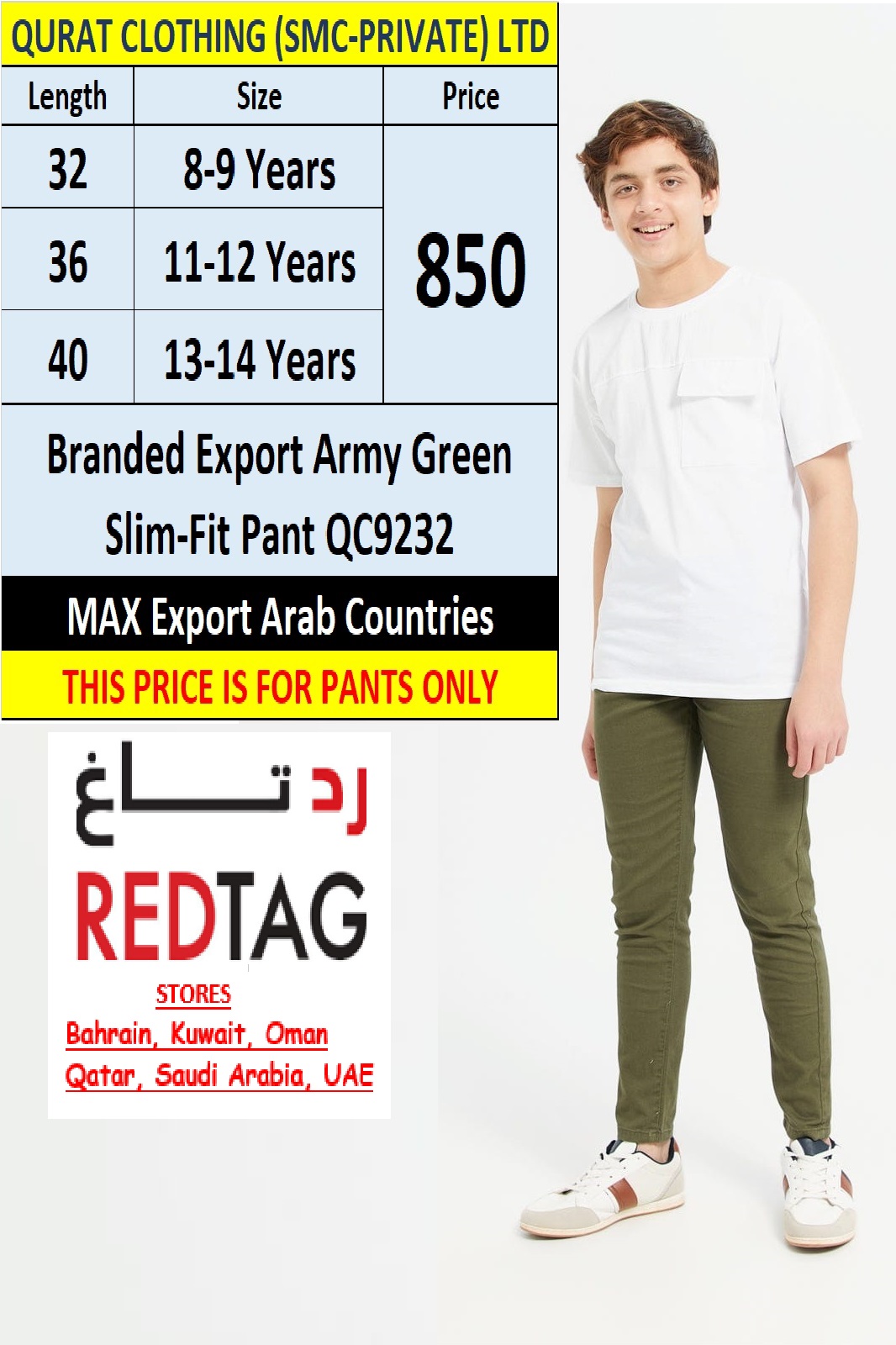 Buy RED TAG Fashion Branded Army Green Slim-Fit Pant QC9232 Export Arab ...