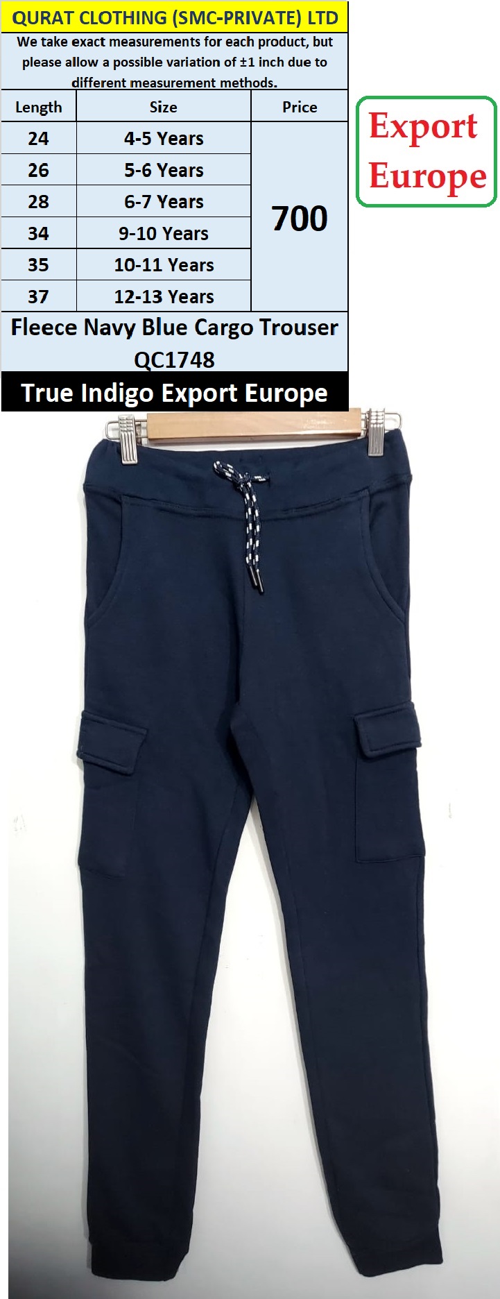 Buy True Indigo Brand Cargo Fleece Navy Blue Trouser QC1748 Export ...