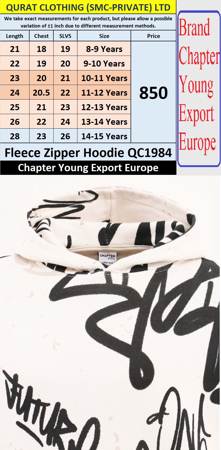 Buy Chapter Young Brand Fleece Pullover Hoodie QC1984 Export Europe ...